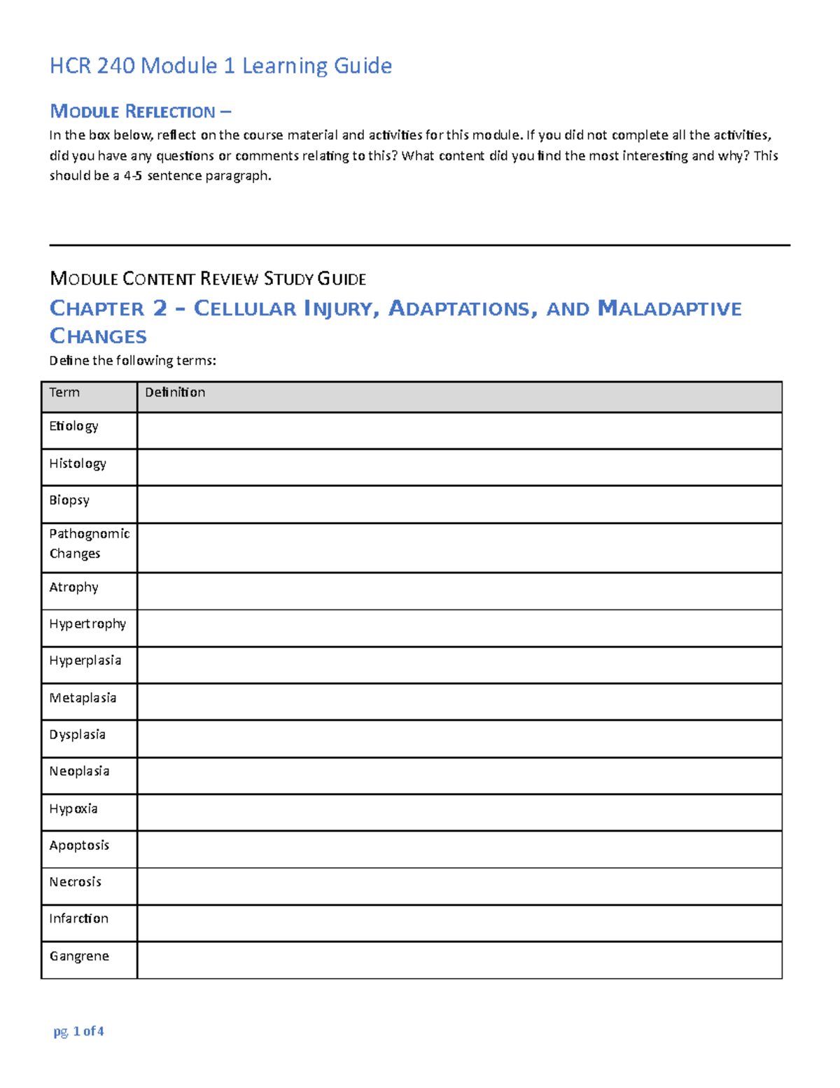HCR 240 Module 1 Learning Guide - MODULE REFLECTION – In the box below ...