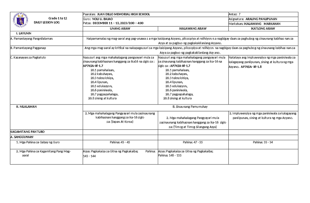 AP 7 Q2 WEEK 6 DLL - daily lesson plan - Grade 1 to 12 DAILY LESSON LOG ...