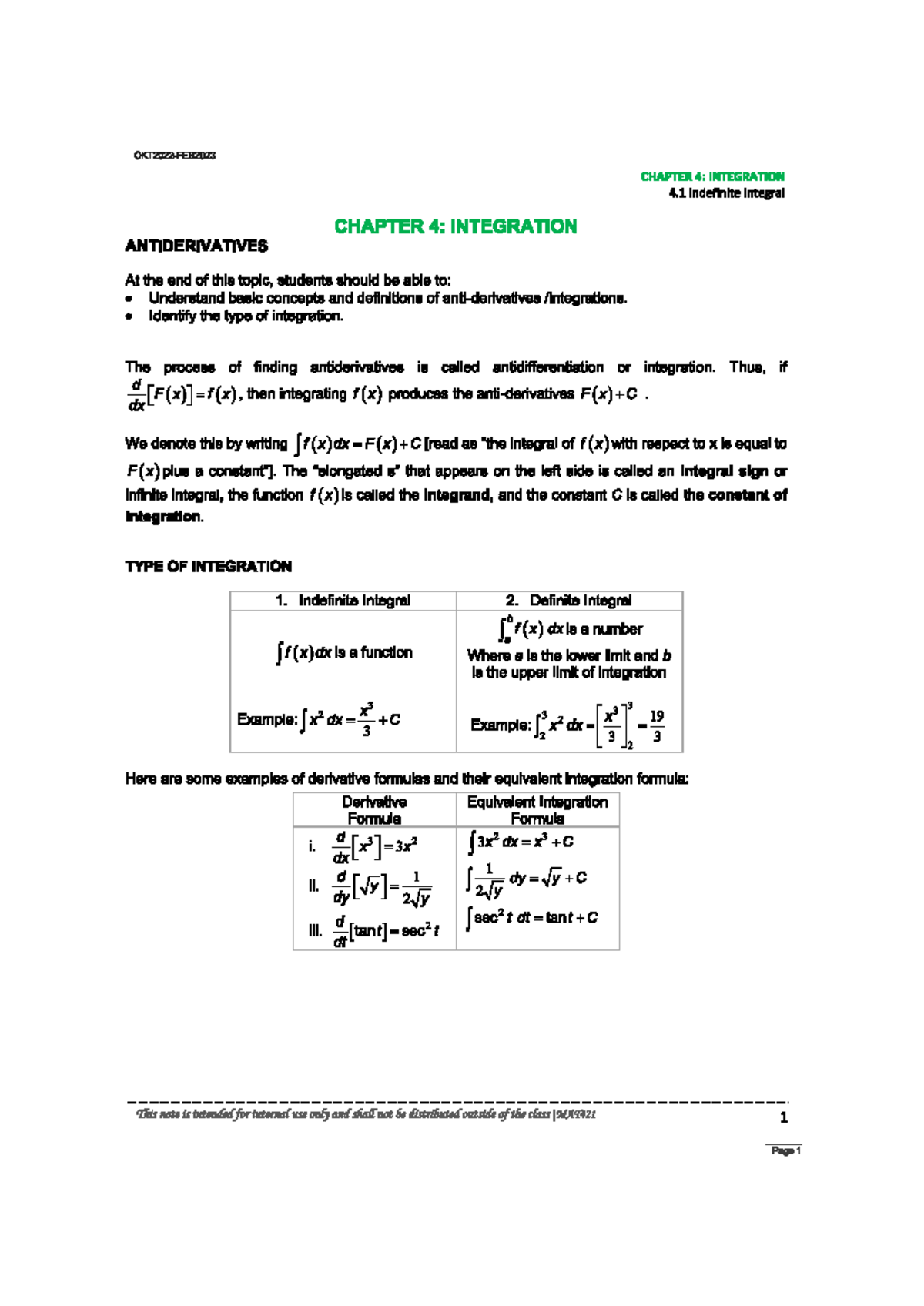 MAT421 NOTE Integration - CHAPTER 4: INTEGRATION 4 Indefinite Integral CHAPTER 4: INTEGRATION ...