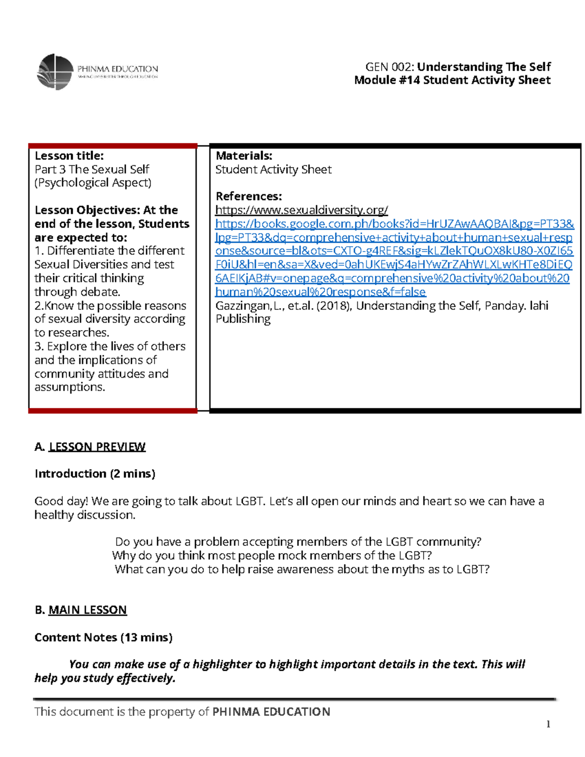 SAS#14-GEN 002 - Lecture notes 1 - Module #14 Student Activity Sheet ...