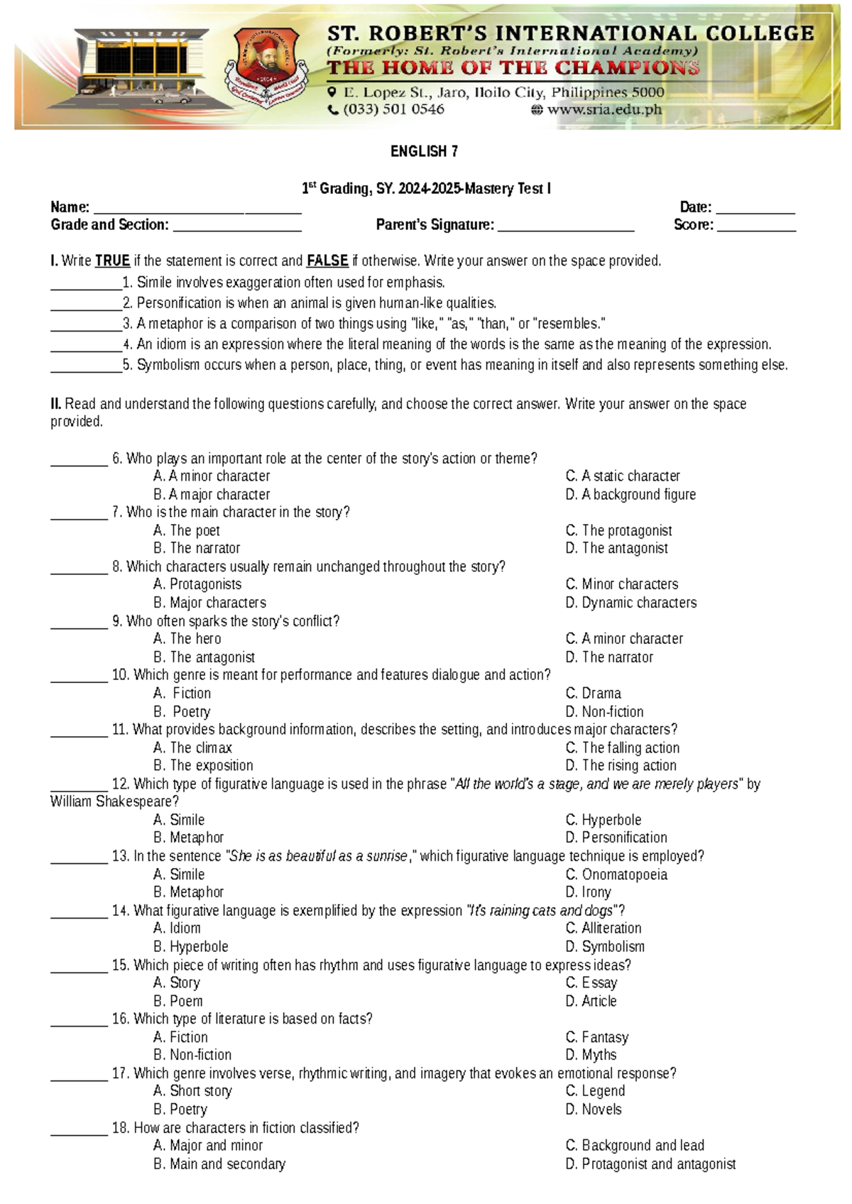 English 7 (Mastery Test 1) - ENGLISH 7 1 st Grading, SY. 2024-2025 ...