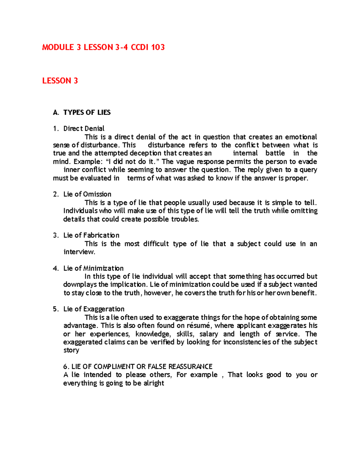 Types of Lies - MODULE 3 LESSON 3-4 CCDI 103 LESSON 3 A. TYPES OF LIES ...