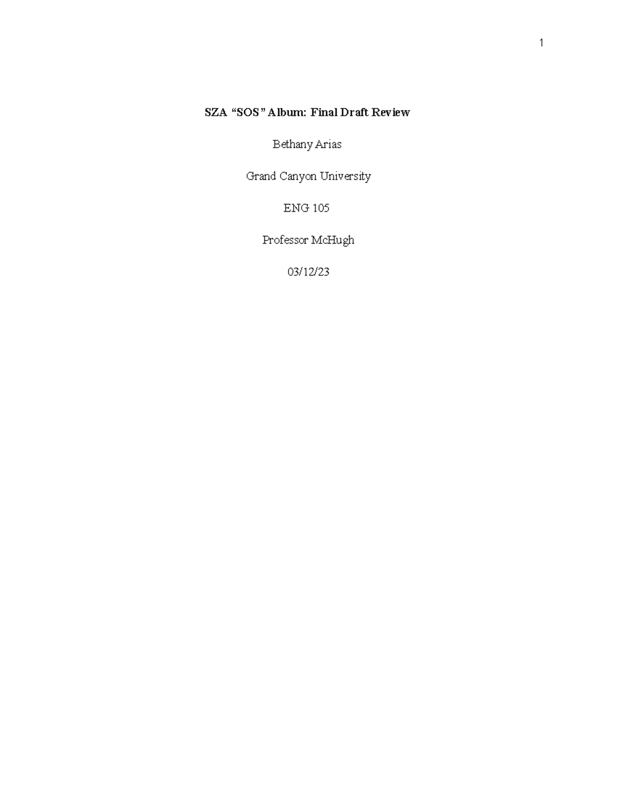 SZA SOS Album Final Draft of a Review Writing Assignment - SZA “SOS ...