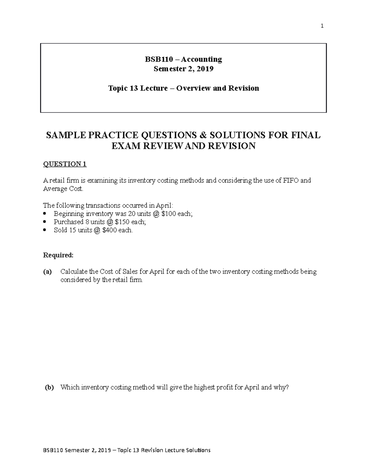 Sample/practice exam 23 October 2019, questions - BSB110 – Accounting ...