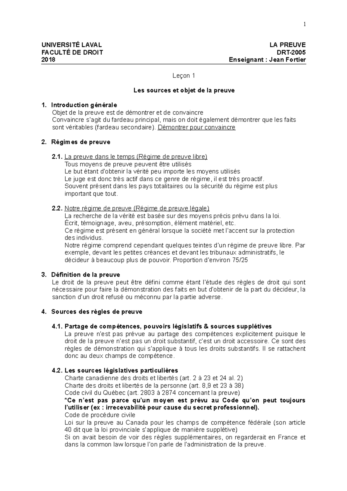 Cours 1 - Preuve civile - 1 UNIVERSITÉ LAVAL FACULTÉ DE DROIT 2018 LA ...