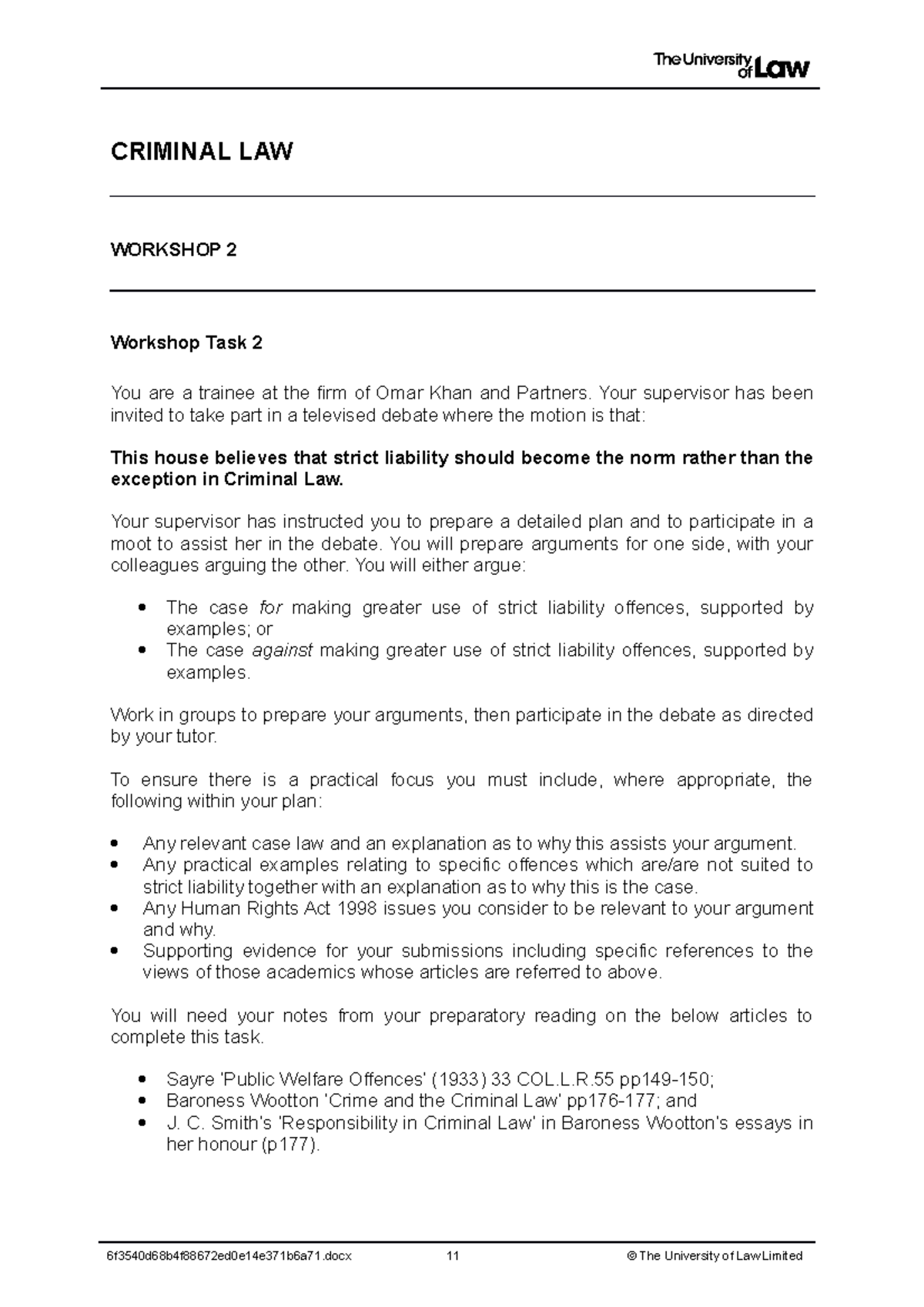 Criminal Law 2- Workshop Task 2 - CRIMINAL LAW WORKSHOP 2 Workshop Task ...