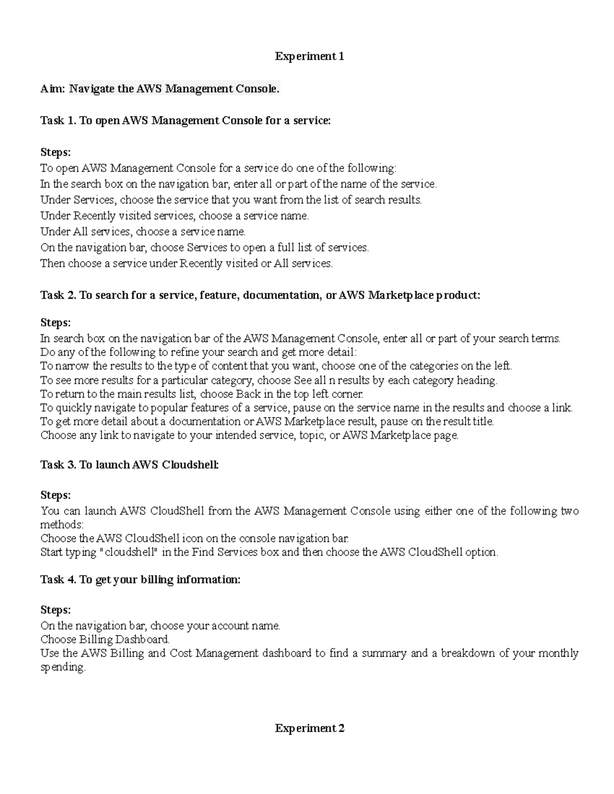 AWS(Amazon Web Service) - Experiment 1 Aim: Navigate the AWS Management ...