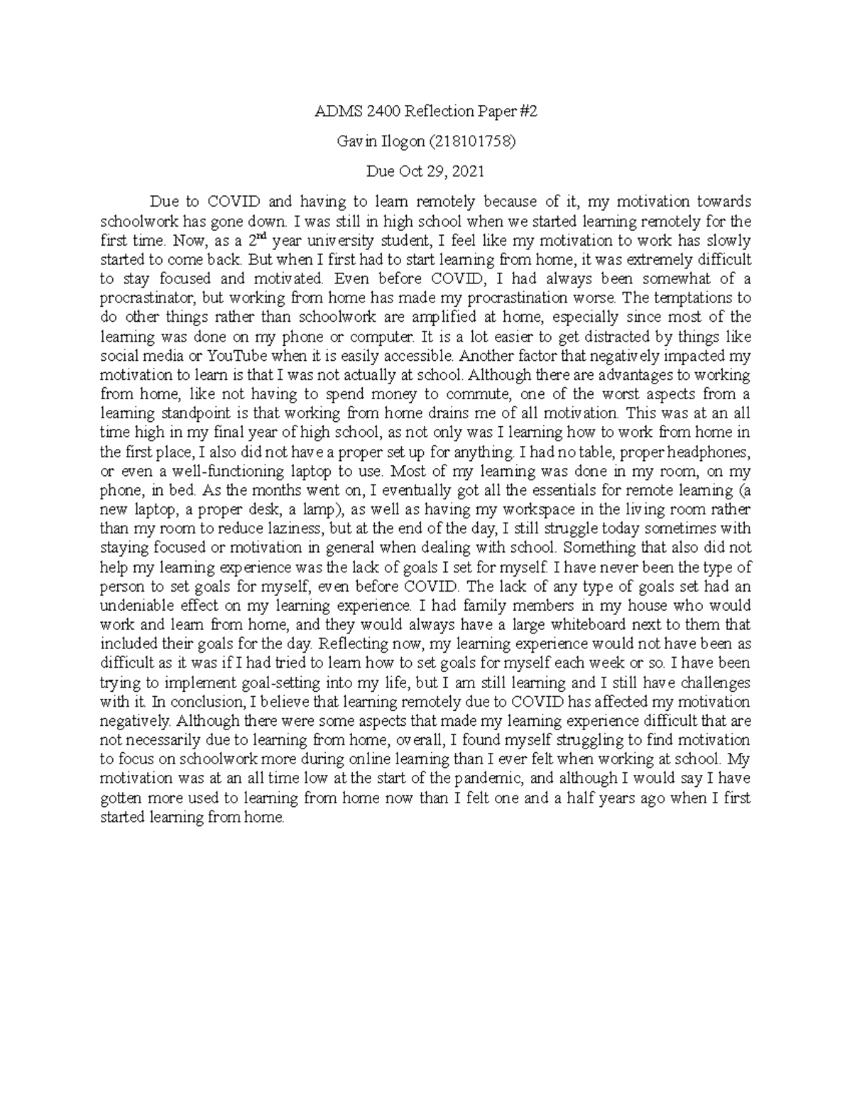 ADMS 2400 Reflection Paper 2 - ADMS 2400 Reflection Paper # Gavin ...