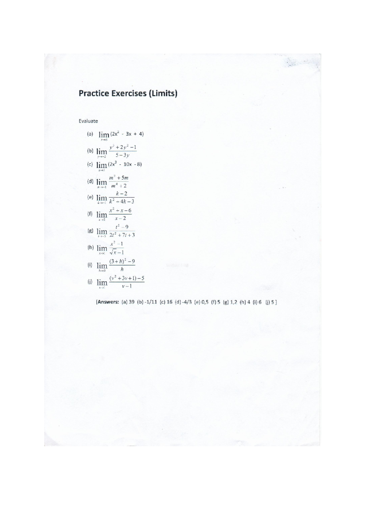 STFM125 Practice Exercises - Limits of Functions - 2024 - Practice Exercises (Limits) Evaluate ...