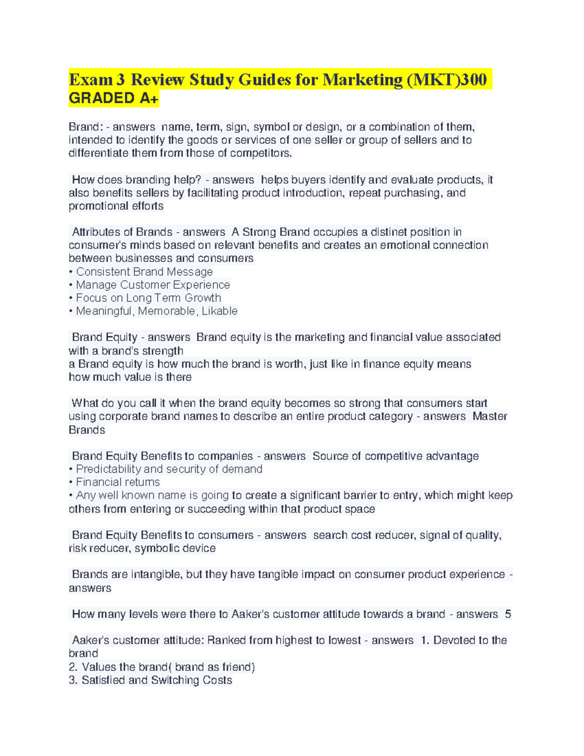 Exam 3 Review Study Guides for Marketing - How does branding help ...