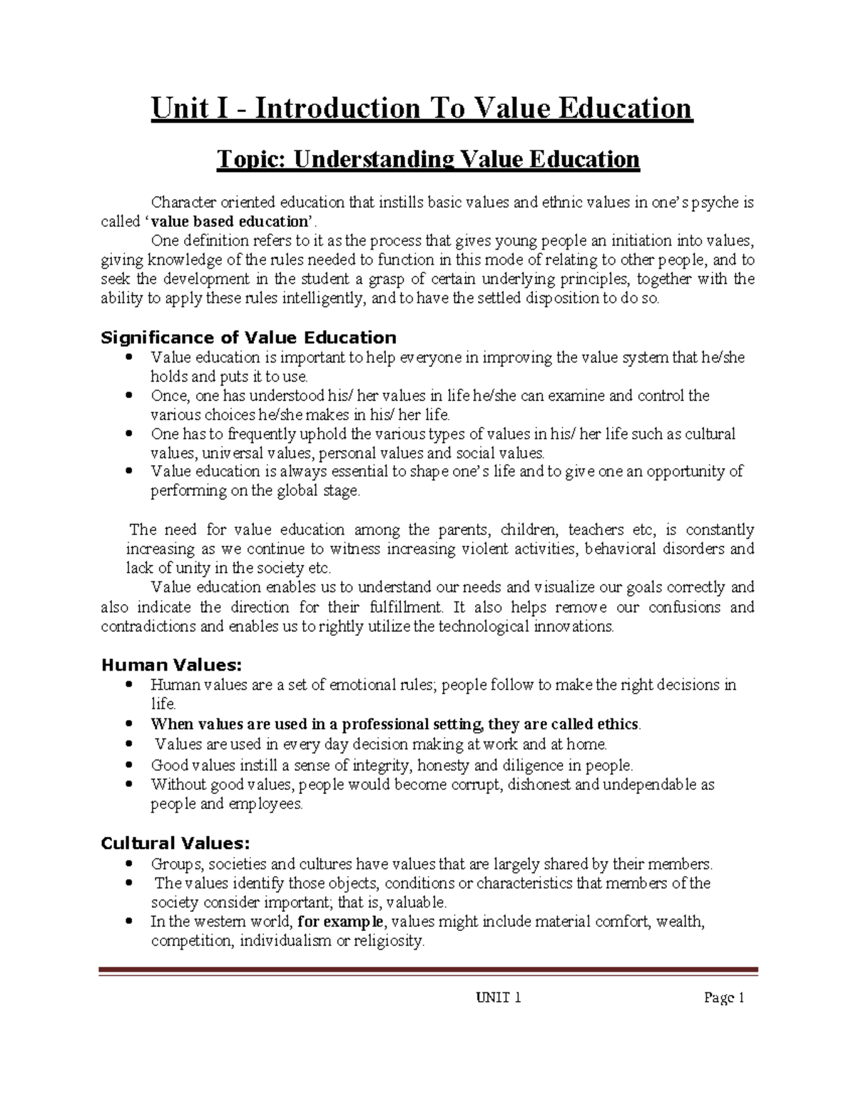 Uhv unit-1 - note - Unit I - Introduction To Value Education Topic ...