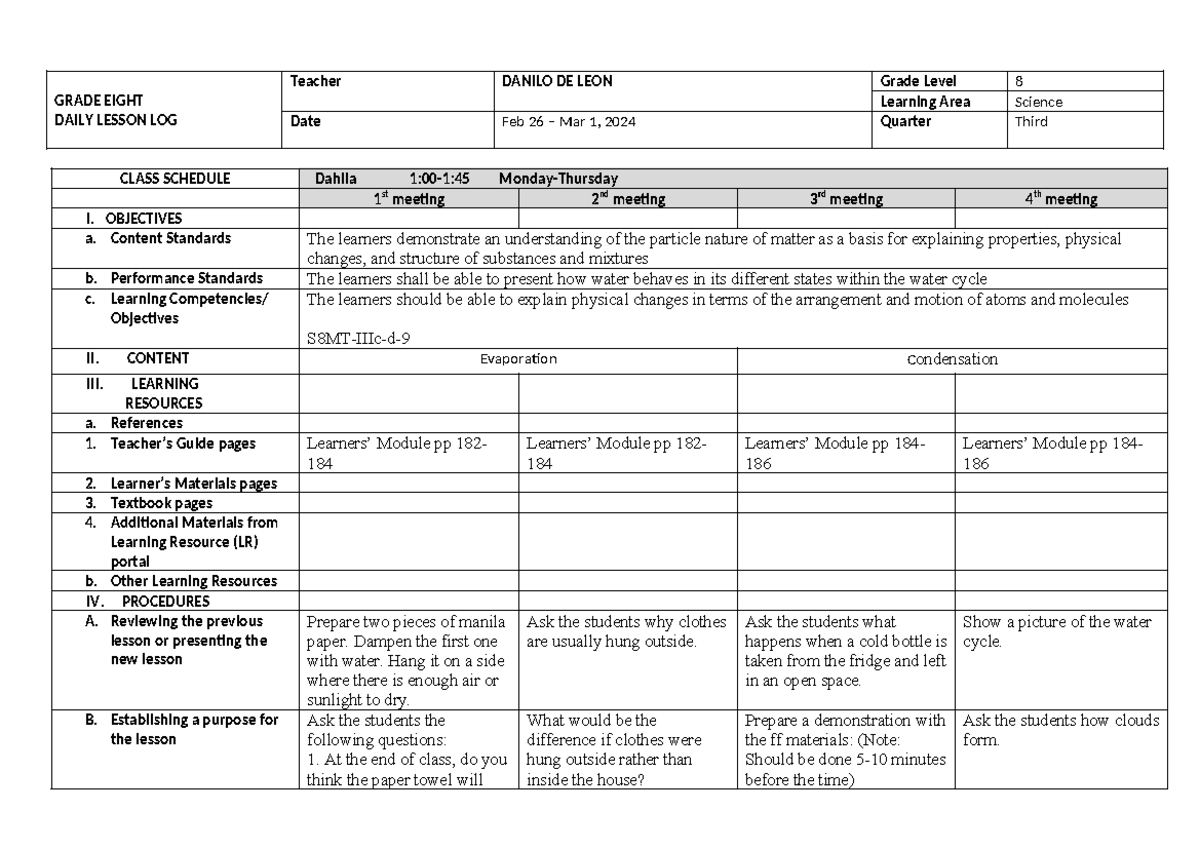 8q3w2 - dll - GRADE EIGHT DAILY LESSON LOG Teacher DANILO DE LEON Grade ...