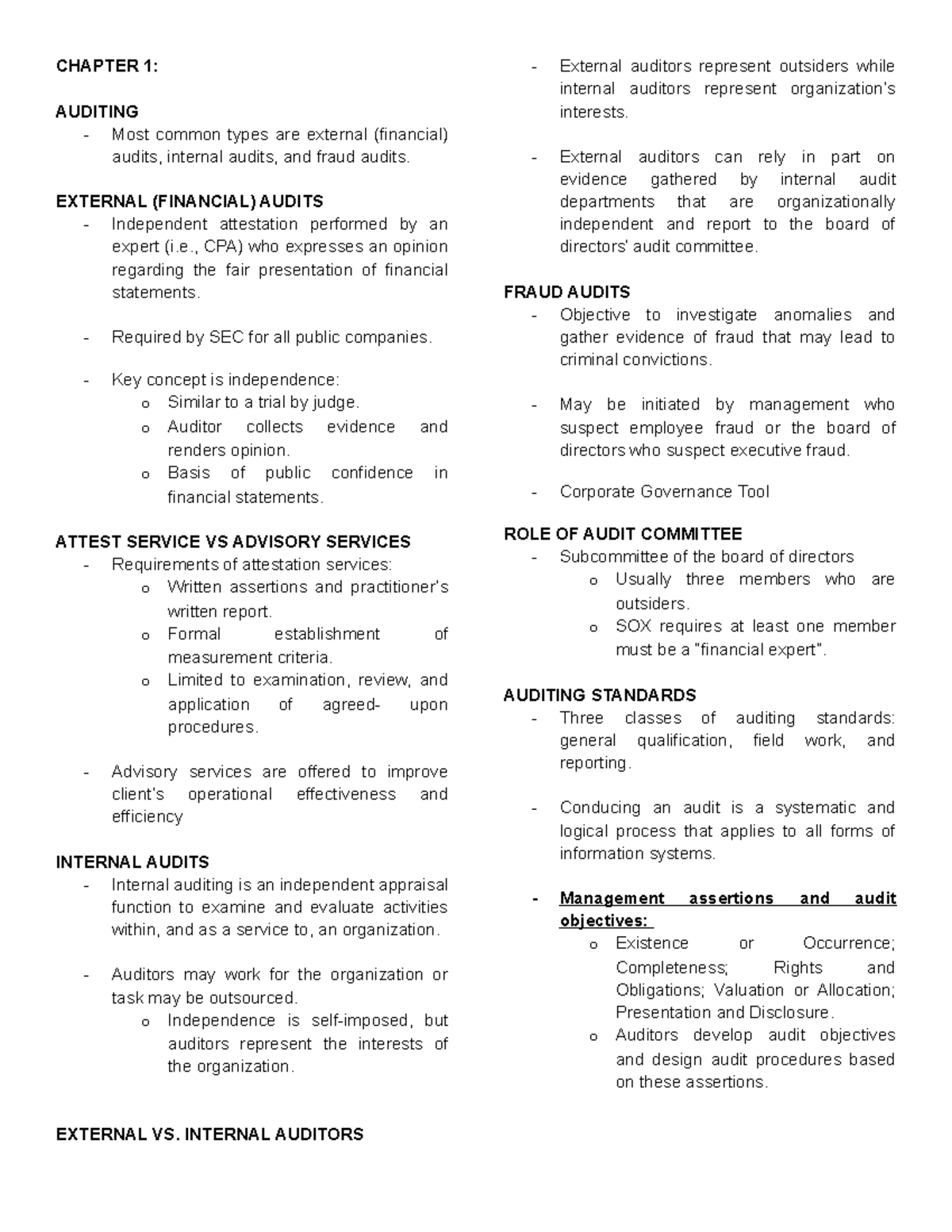 Audcis Reviewer - CHAPTER 1: AUDITING Most common types are external (financial) audits ...