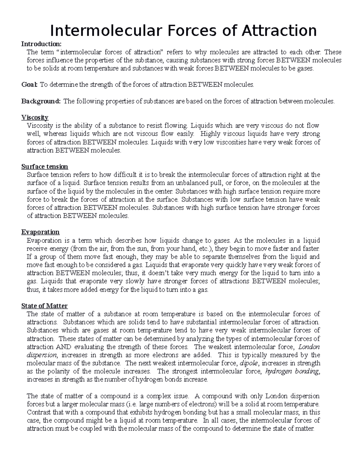Intermolecular Forcesof Attraction Lab-1 - Intermolecular Forces of ...
