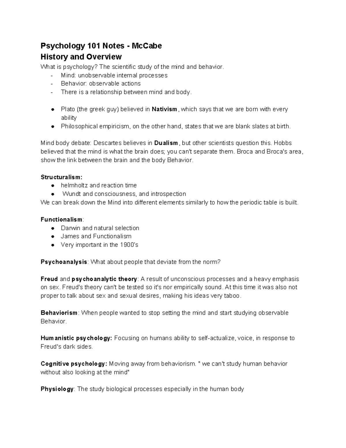Psych 101 Notes - Psychology 101 Notes - McCabe History and Overview ...