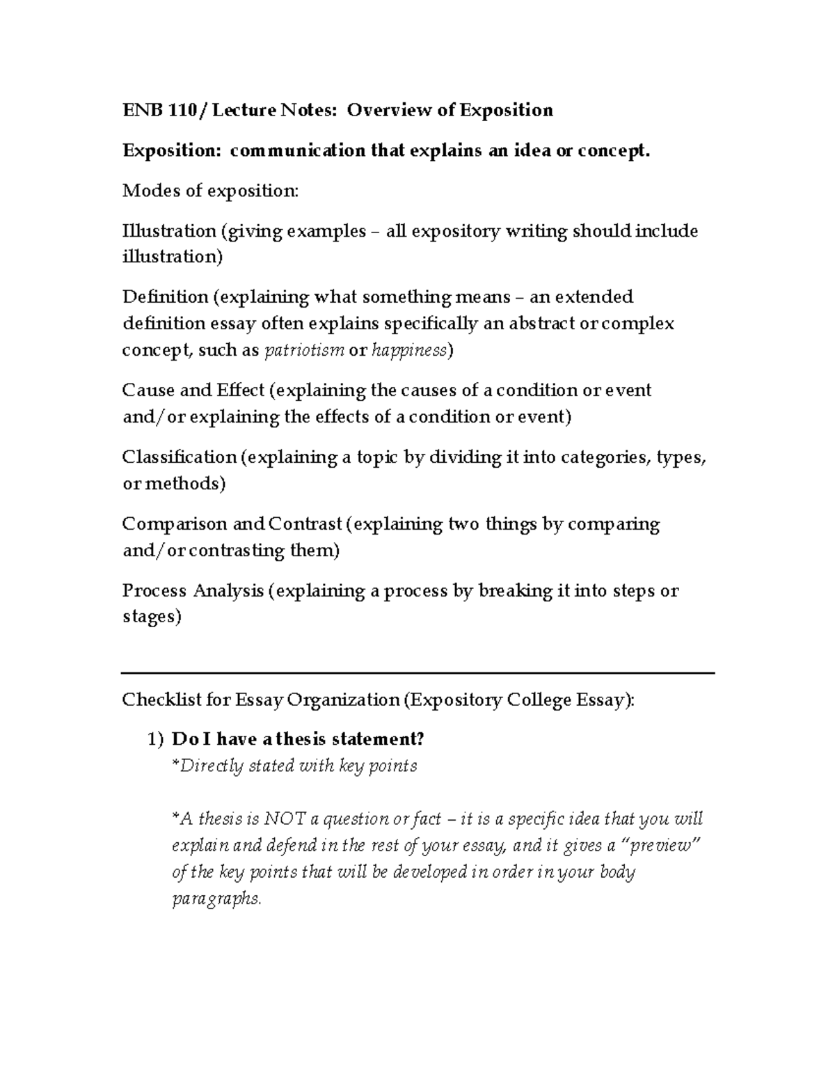 ENB 110 Exposition Lecture Notes - ENB 110 / Lecture Notes: Overview of ...