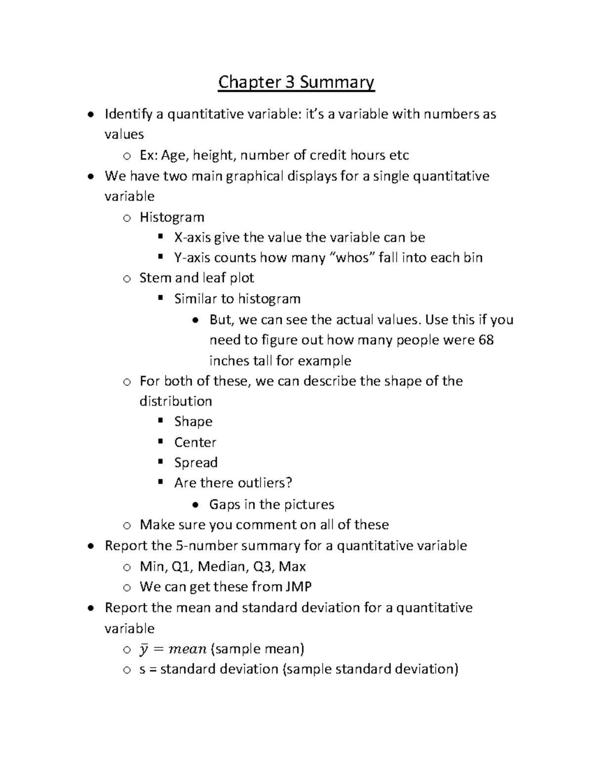 Chapter 3 Summary - Chapter 3 Summary Identify a quantitative variable ...