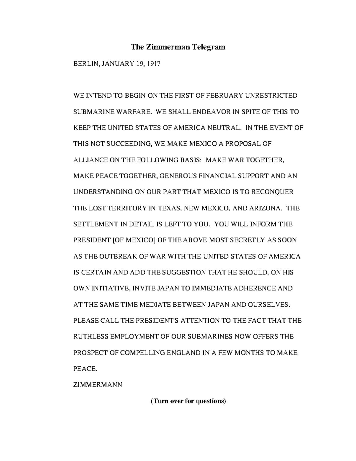The Zimmerman Telegram- assignment - The Zimmerman Telegram BERLIN ...