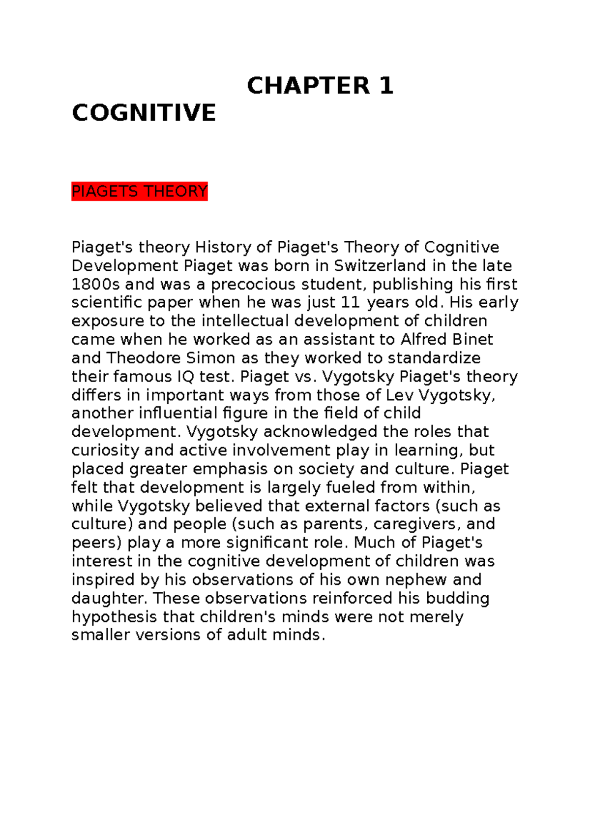 PED Portfolio - HIPJ - CHAPTER 1 COGNITIVE PIAGETS THEORY Piaget's ...