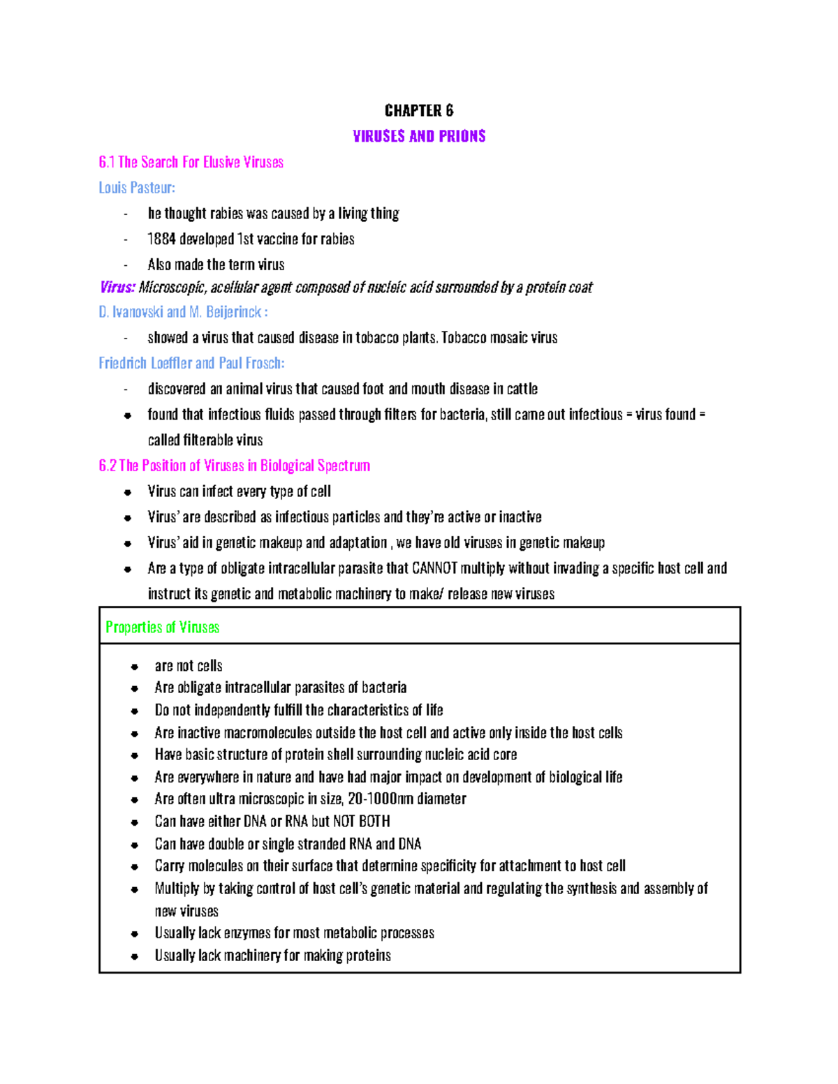 Biology 240 Chapter 6 notes - CHAPTER 6 VIRUSES AND PRIONS 6 The Search ...