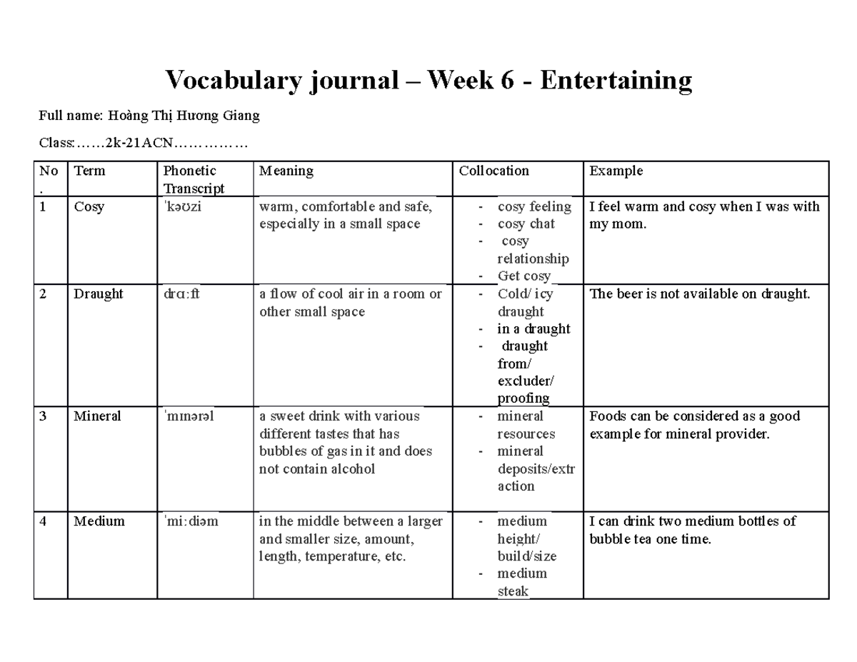 W6 - New words - Vocabulary journal – Week 6 - Entertaining Full name ...