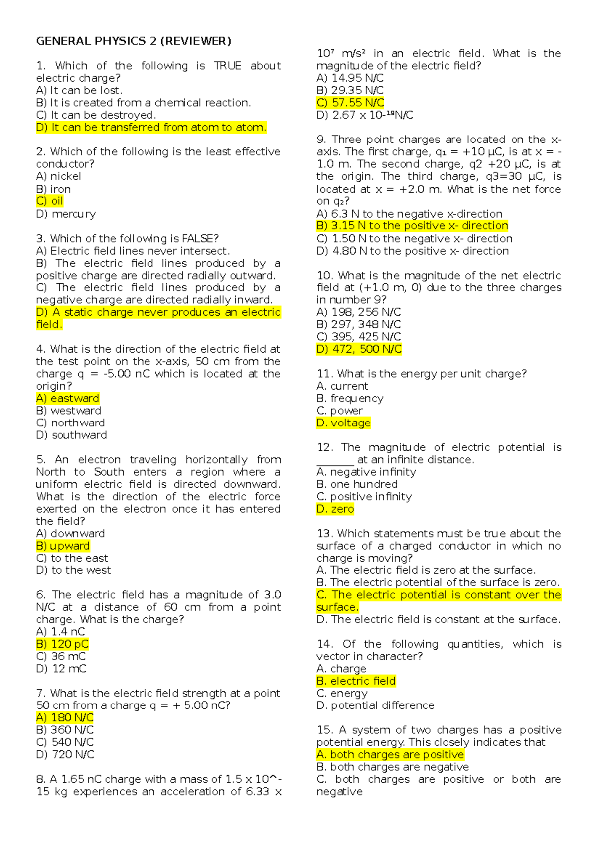 PHYSICS 2 REVIEWER - Which of the following is TRUE about electric ...