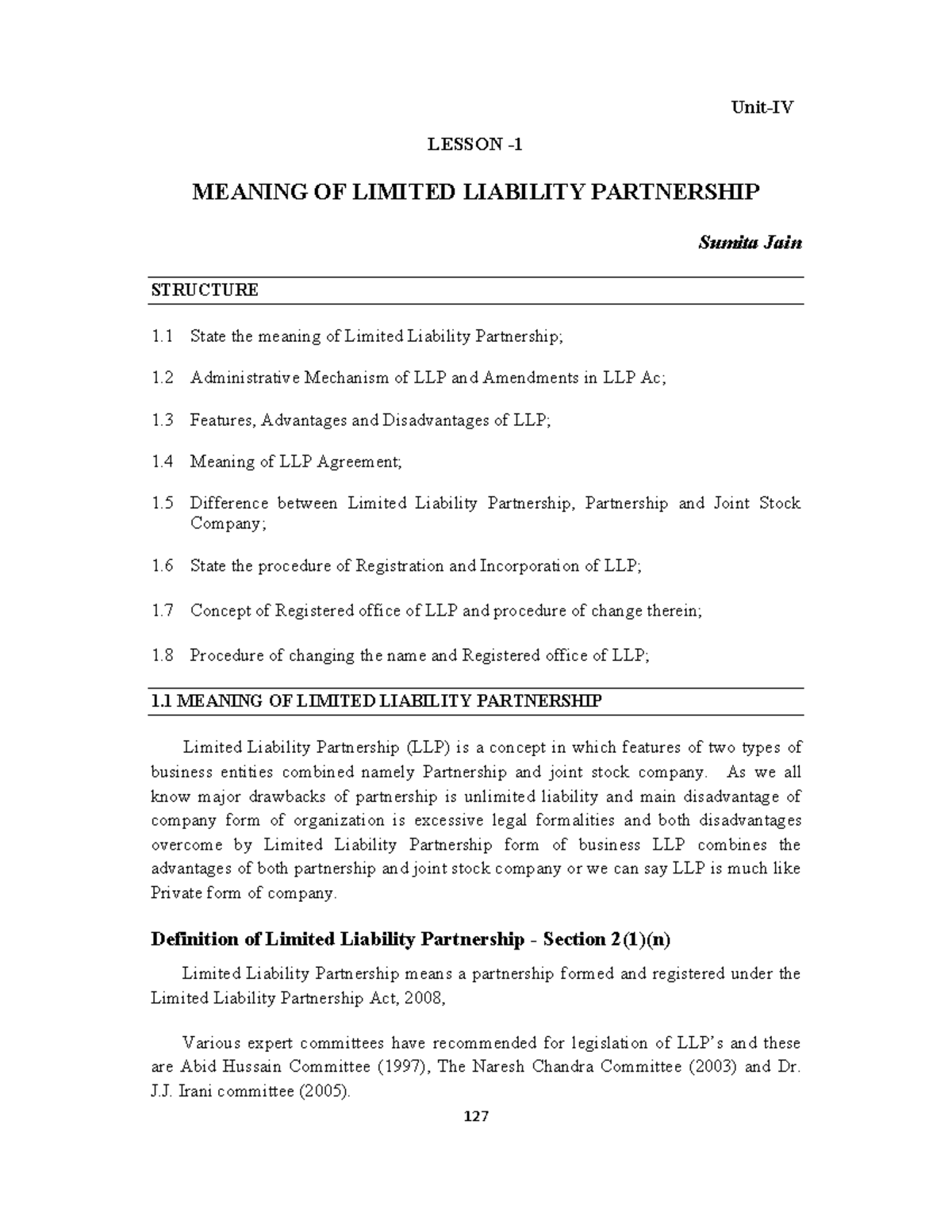 LLP1 - Llp note - LESSON - MEANING OF LIMITED LIABILITY PARTNERSHIP ...