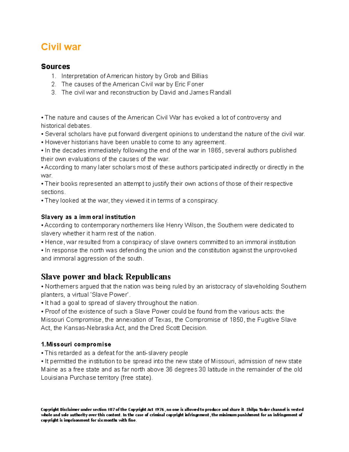 Civil war - Civil war Sources 1. Interpretation of American history by ...