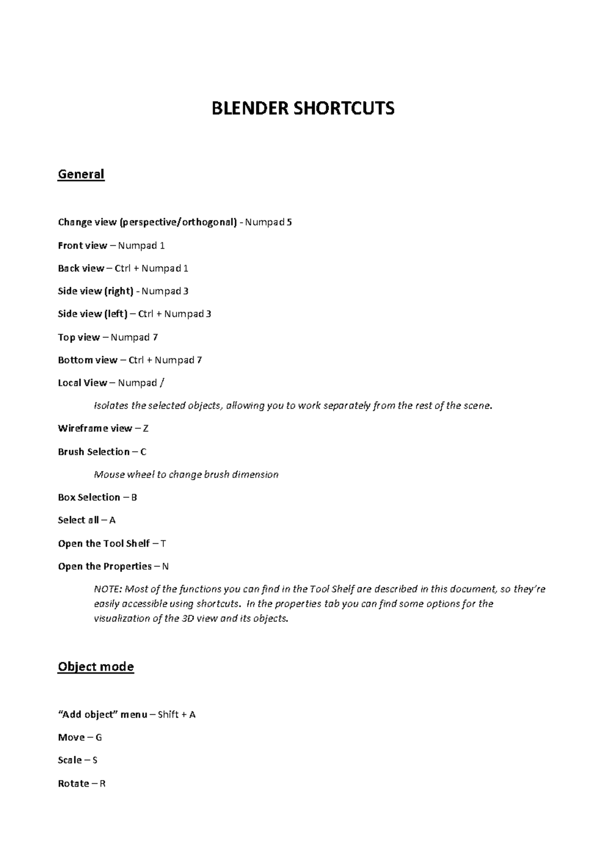 Blender shortcuts - BLENDER SHORTCUTS General Change view (perspective ...