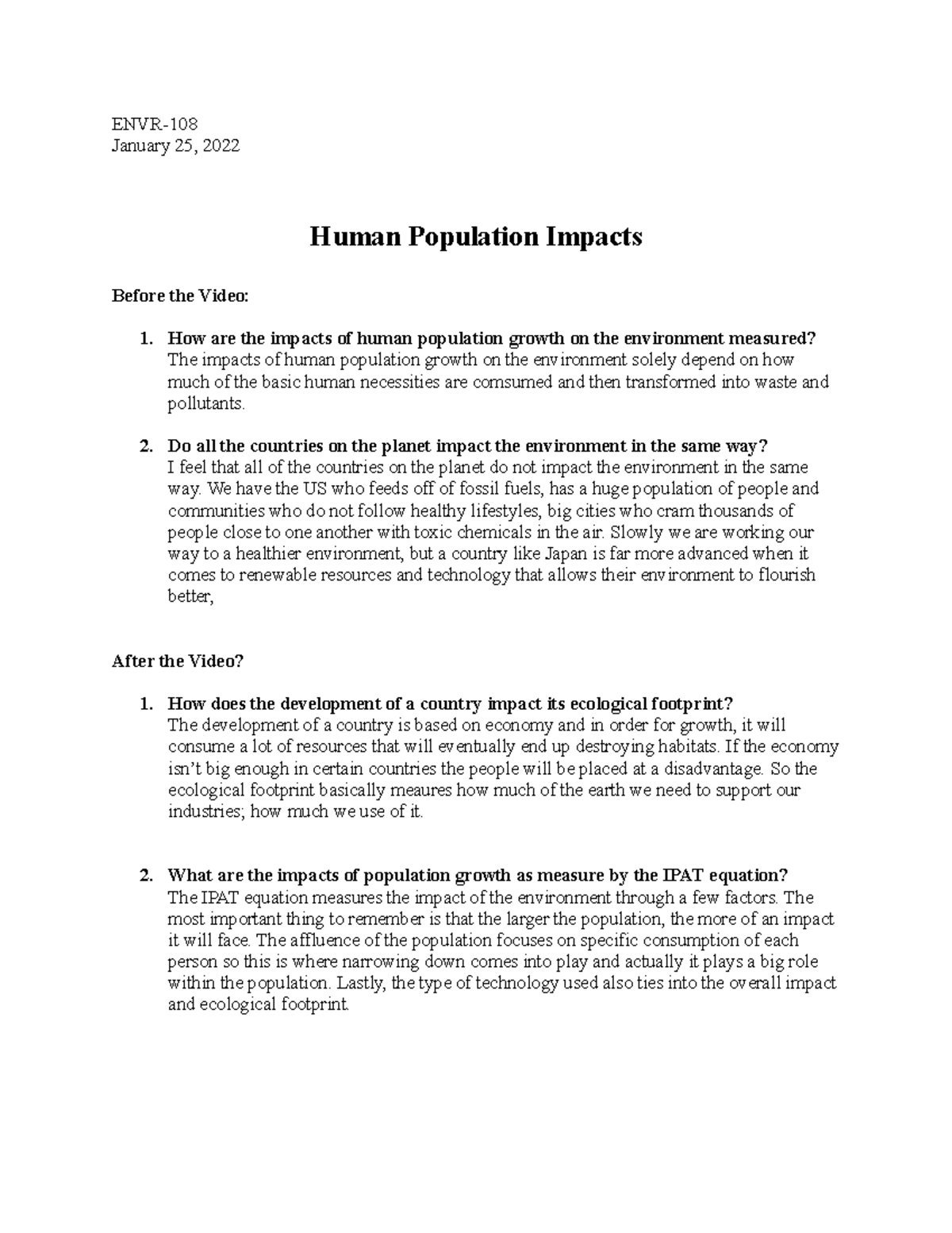 Human Population Impacts - ENVR- January 25, 2022 Human Population ...