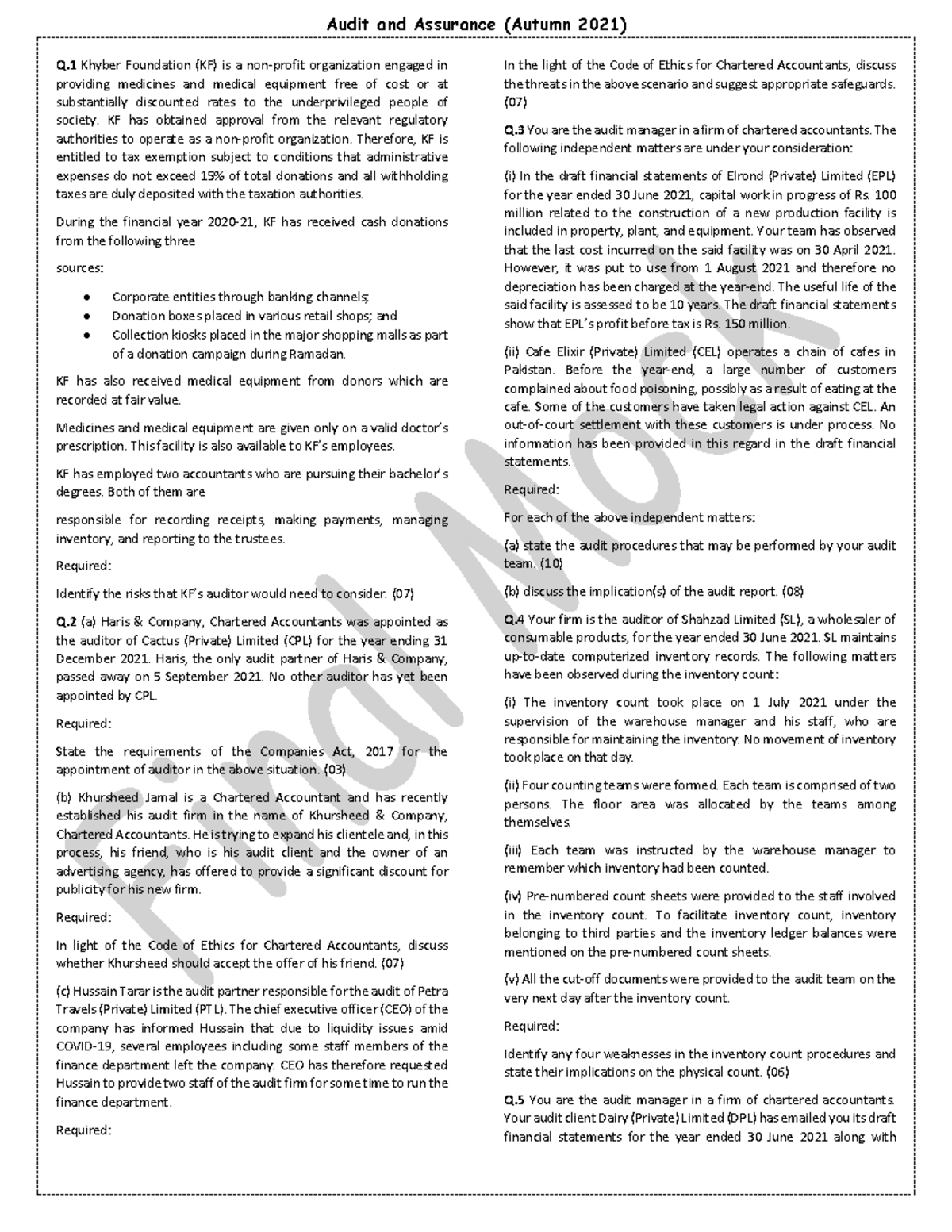 1. Autumn 2021 - Practice material for exams - Audit and Assurance ...