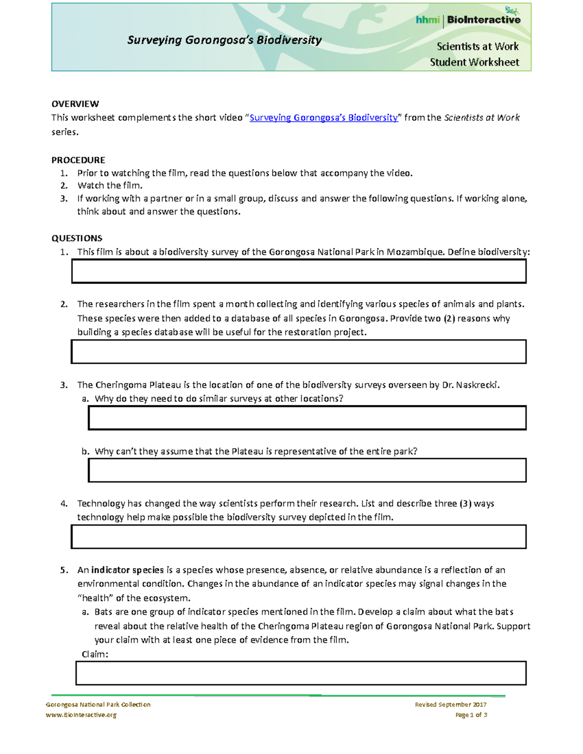 Surveying Gorongosa's Biodiversity - Student Worksheet - Surveying ...