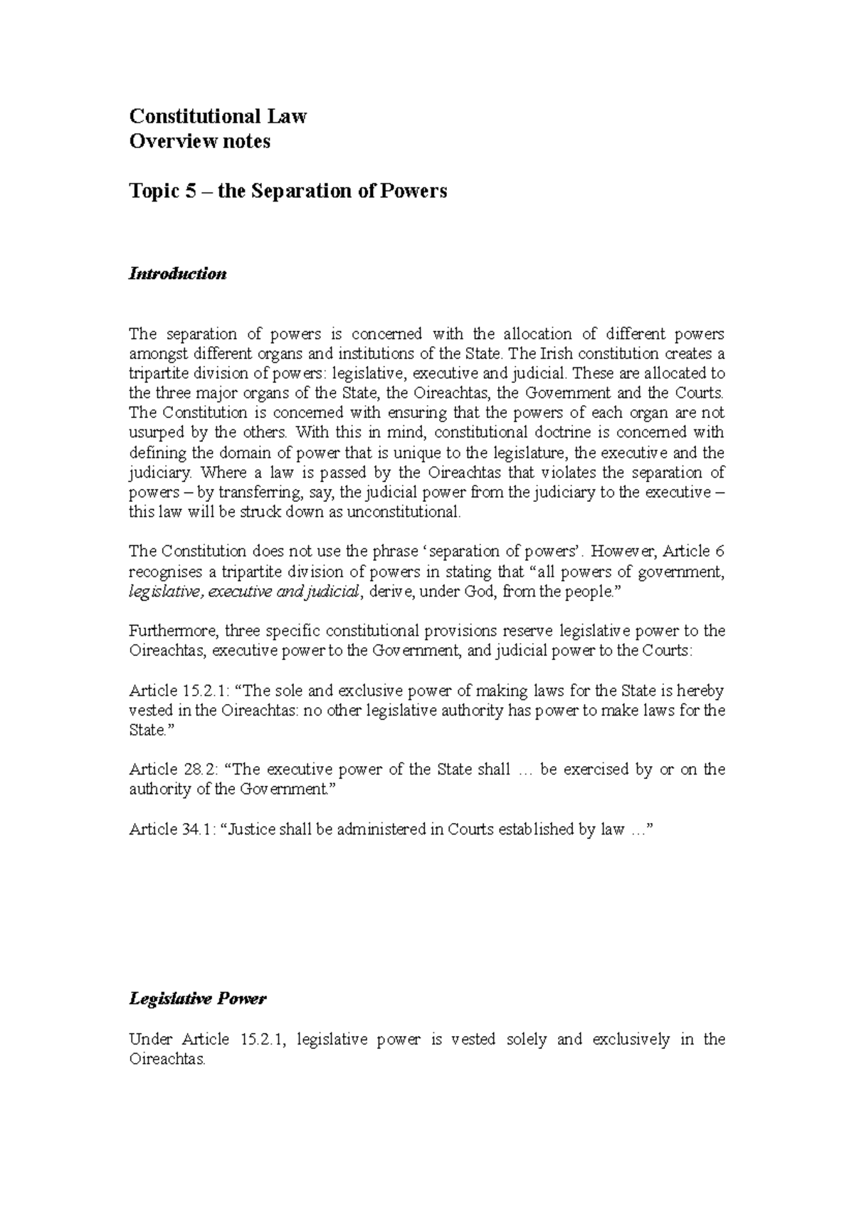 Overview notes on topic 5 (separation of powers) - Constitutional Law ...