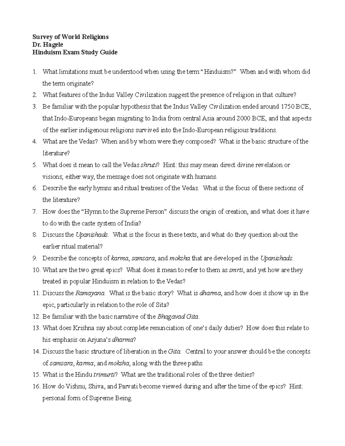 Hinduism Exam Study Guide - Survey of World Religions Dr. Hagele ...