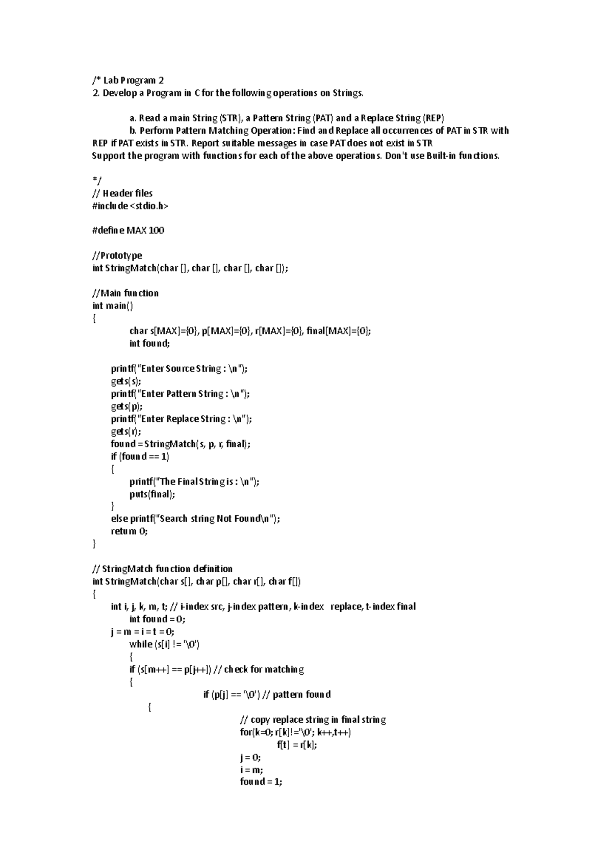 2 String Match - /* Lab Program 2 2. Develop a Program in C for the following operations on ...