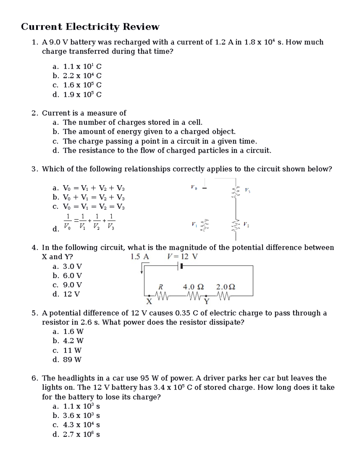 Current Electricity Unit Review - Current Electricity Review A 9 V ...