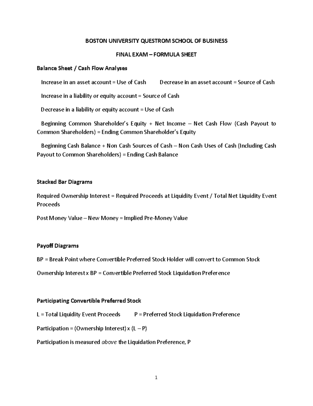FE 455 Final Exam Formula Sheet - BOSTON UNIVERSITY QUESTROM SCHOOL OF ...