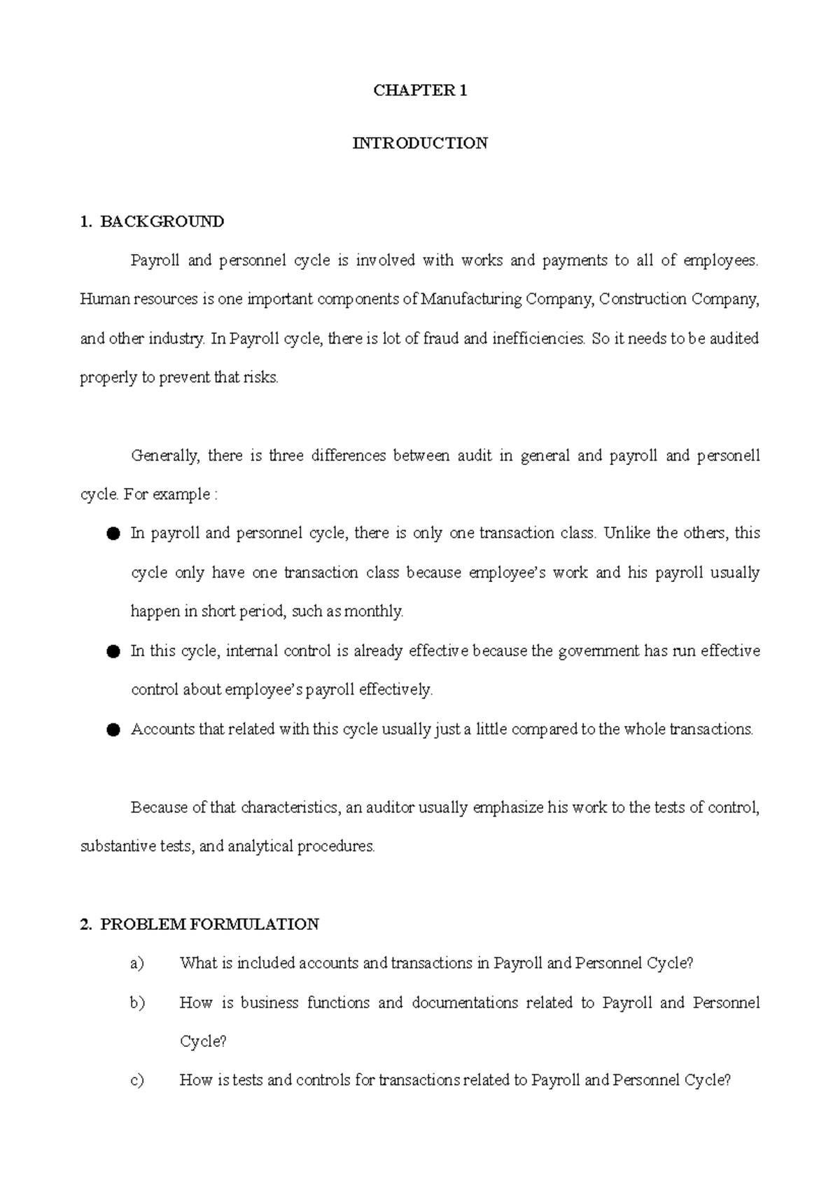 Audit of Payroll and Personnel Cycle - CHAPTER 1 INTRODUCTION 1 ...