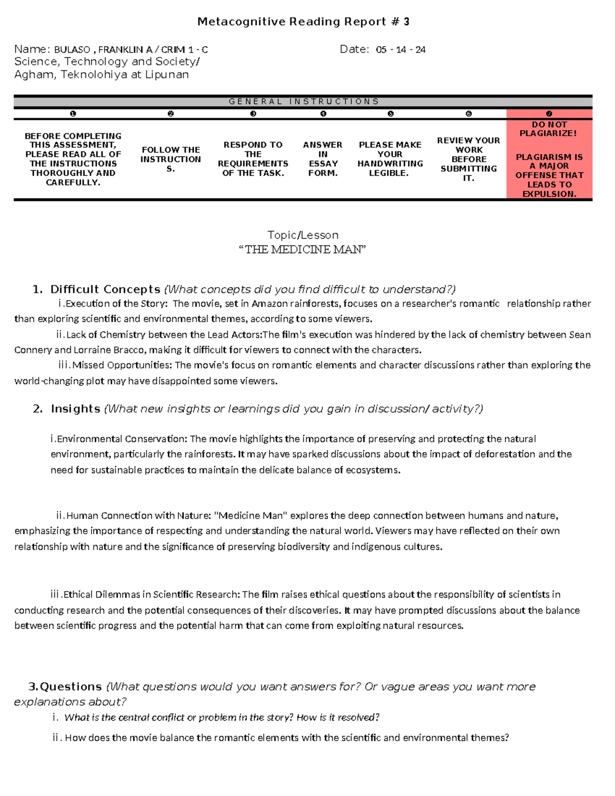 Medicine Man - EDUCATIONAL - Metacognitive Reading Report # 3 Name: BULASO , FRANKLIN A / CRIM 1 ...