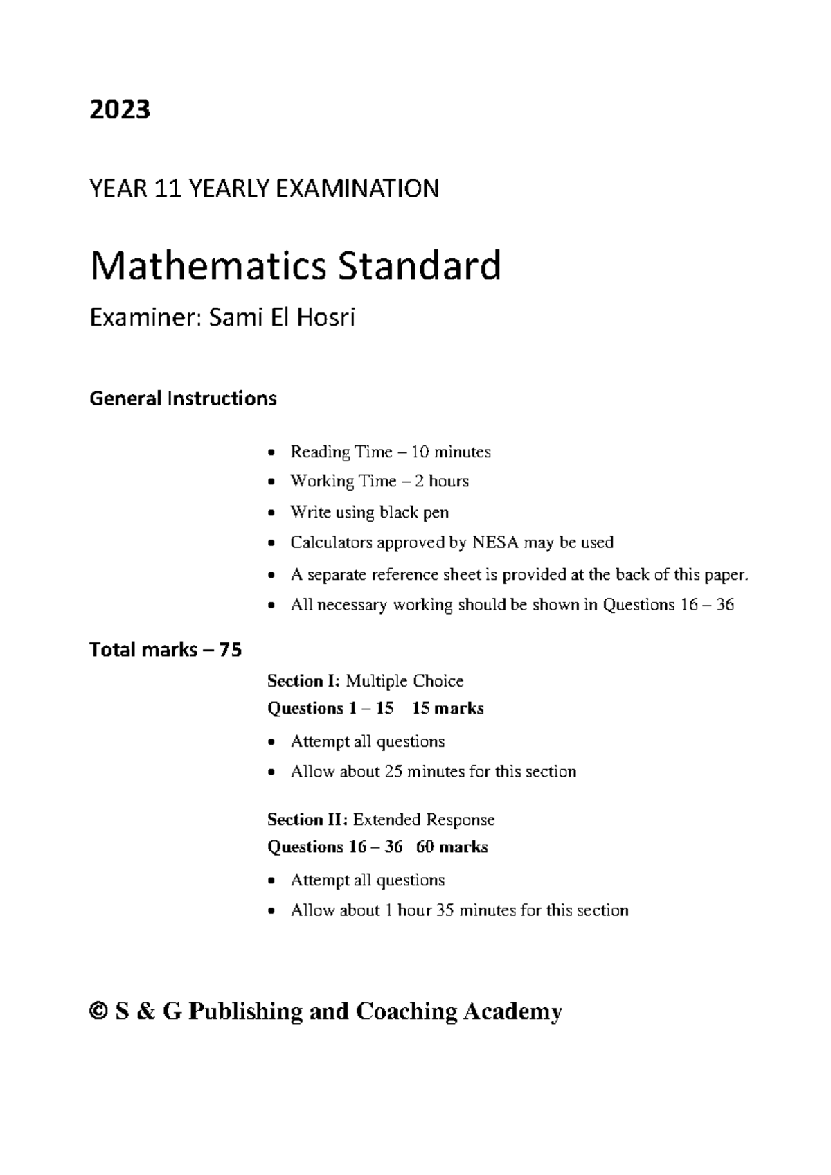2023 Mathematics Standard year 11 yearly - 2023 YEAR 11 YEARLY ...