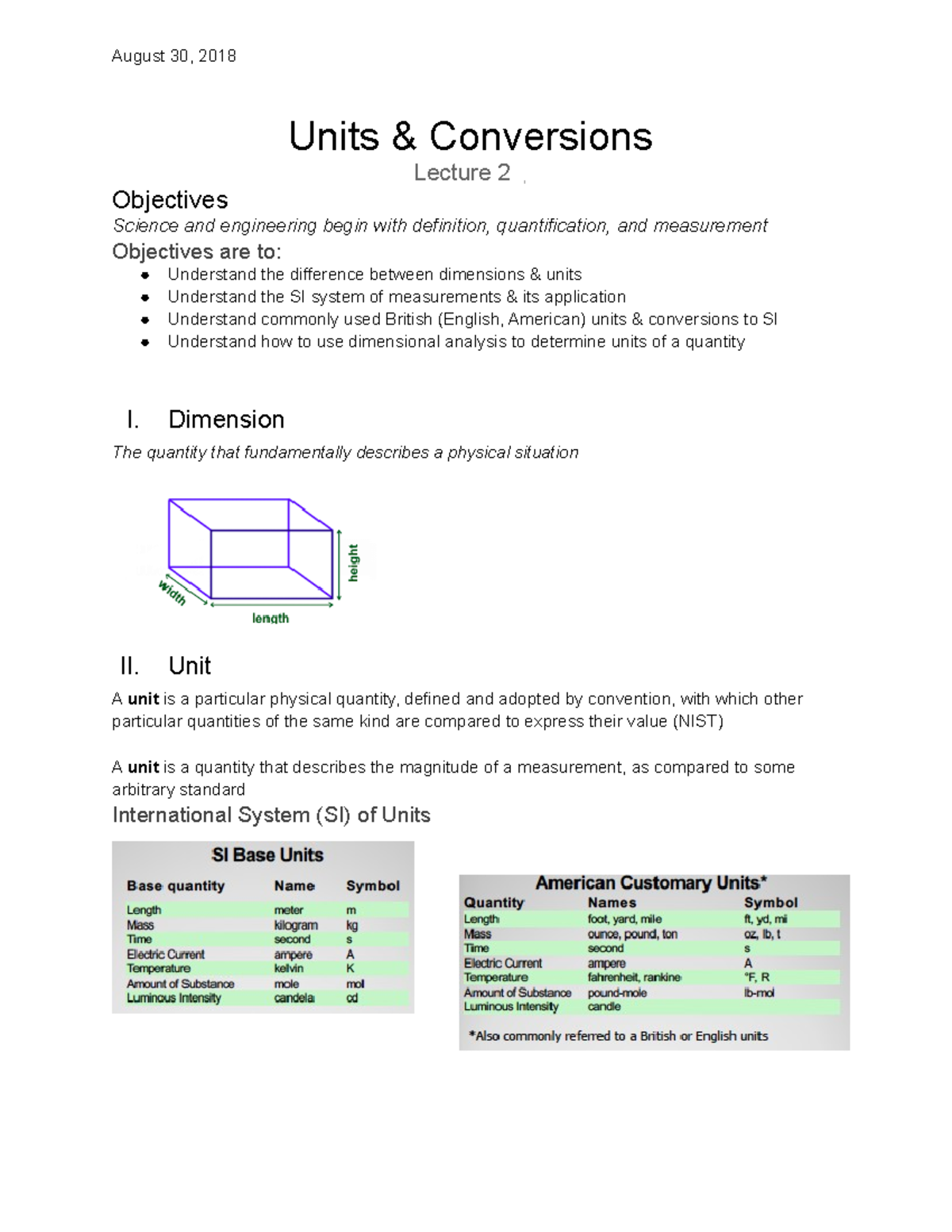Units & Conversions - Week 1 - August 30, 2018 Units & Conversions ...
