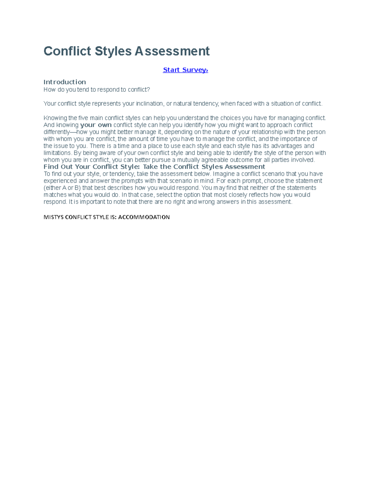 Conflict style assessment survey - DEP1013 - Studocu