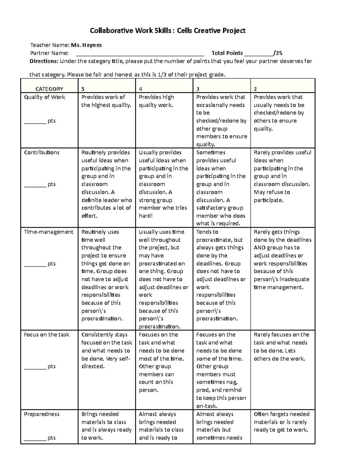 Cells Project Partner Rubric - Collaborative Work Skills : Cells ...