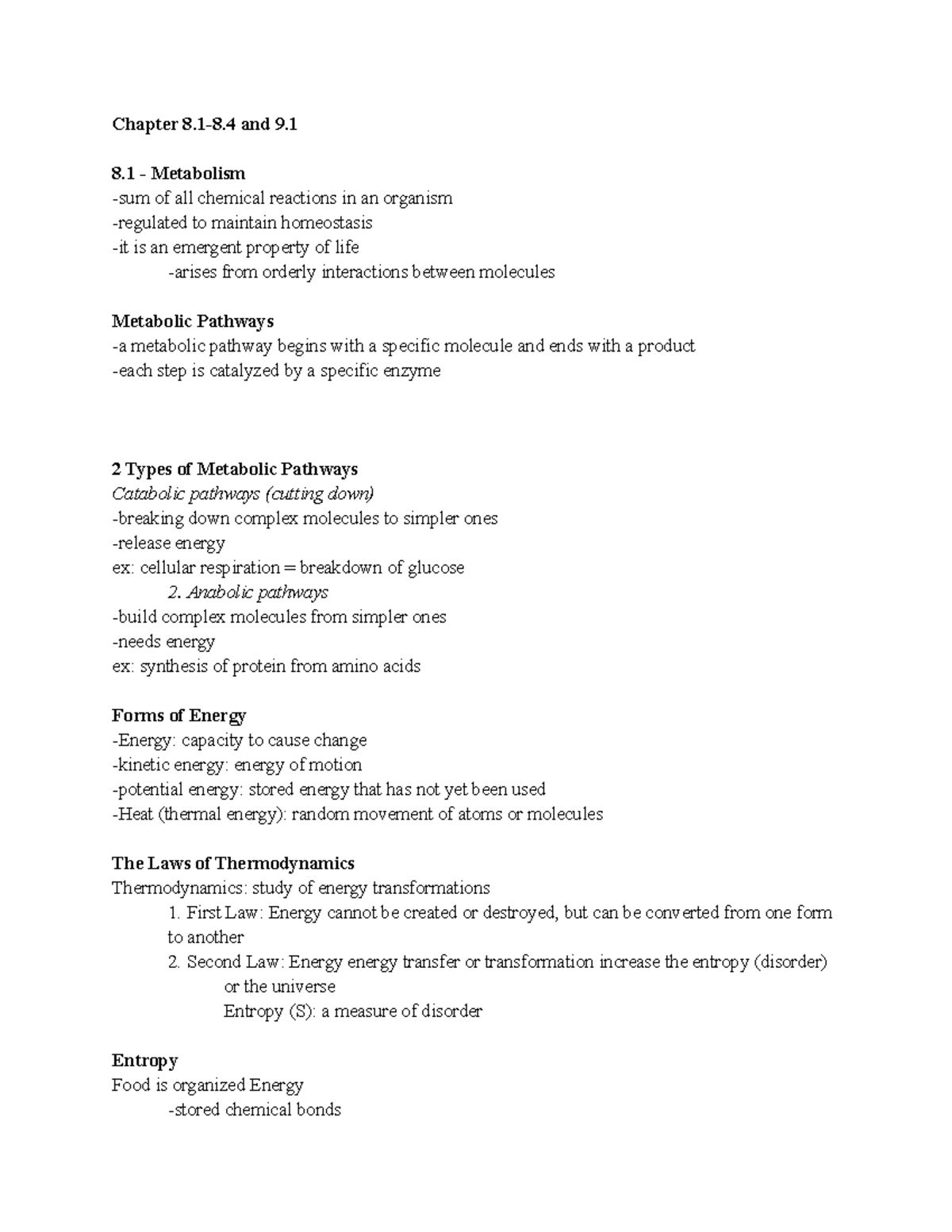 Lecture 07 - Metabolism Notes - Chapter 8.1-8 and 9. 8 - Metabolism ...