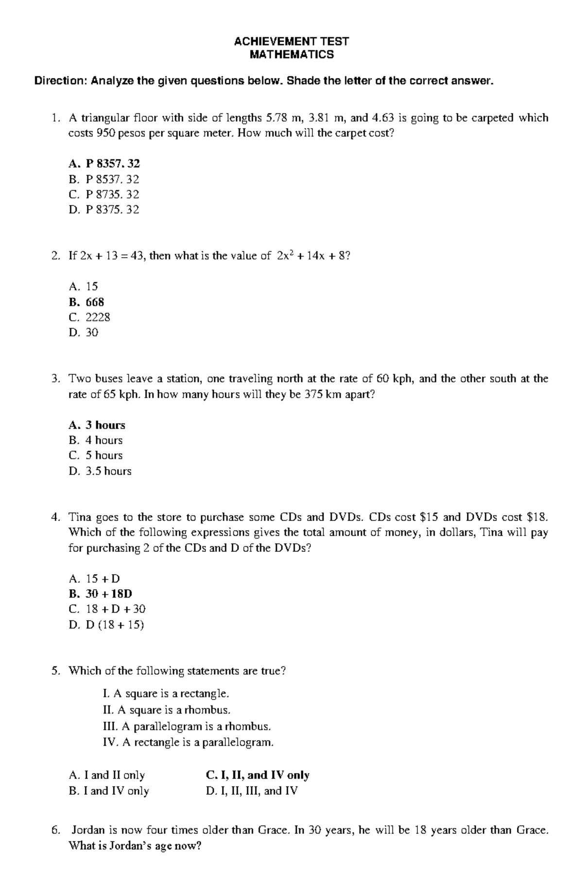 Mathematics Major LET Reviewer (2022) - ACHIEVEMENT TEST MATHEMATICS ...