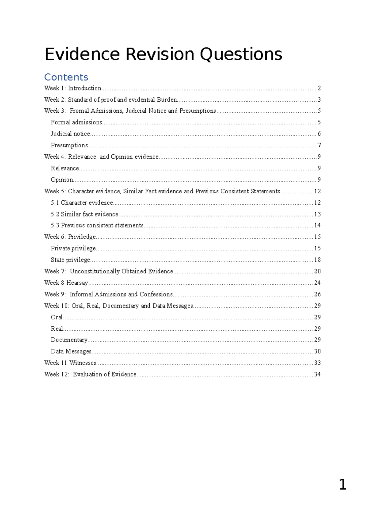 Exam Revision Questions - Evidence Revision Questions Week 1: - Studocu