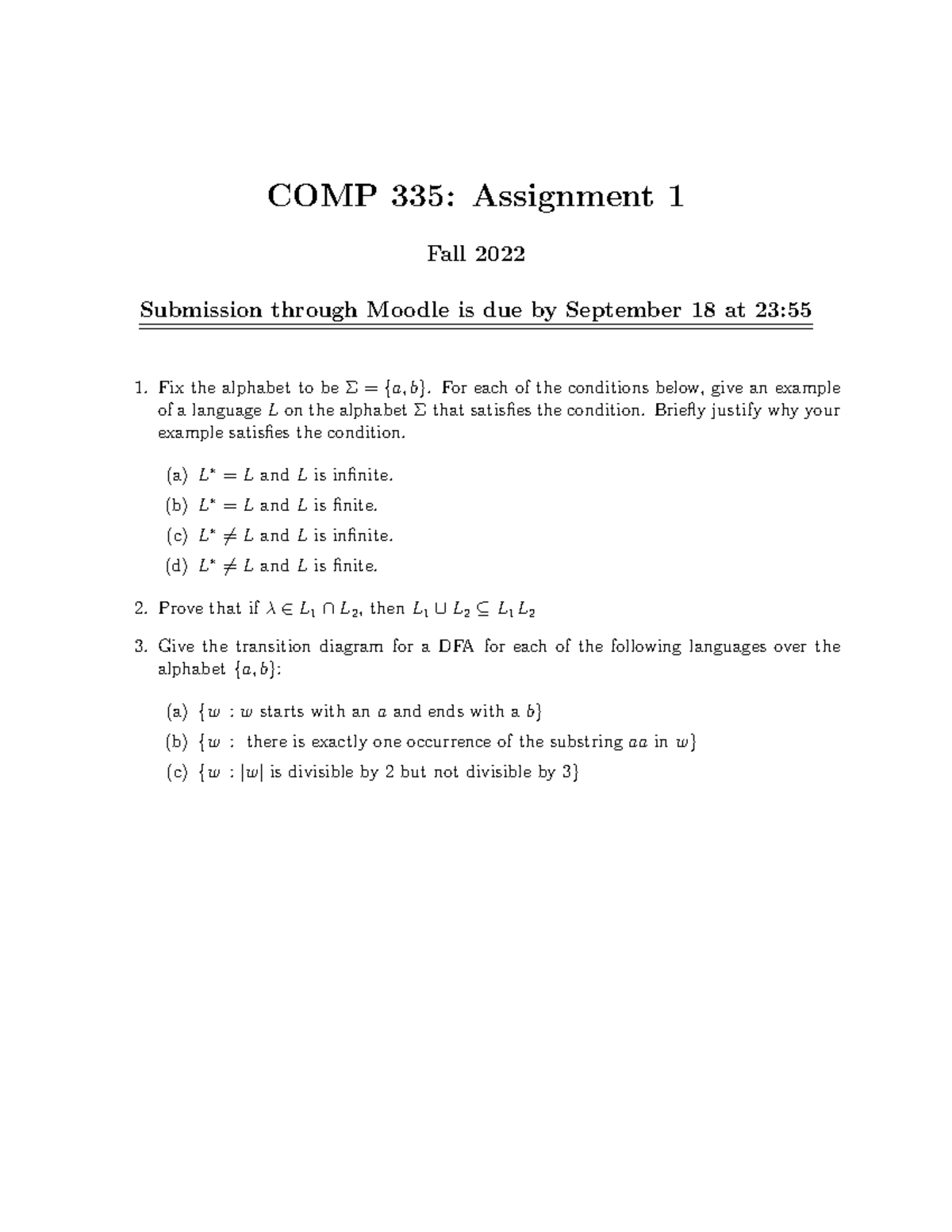 Asg1 - assignment 1 - COMP 335: Assignment 1 Fall 2022 Submission through Moodle is due by ...