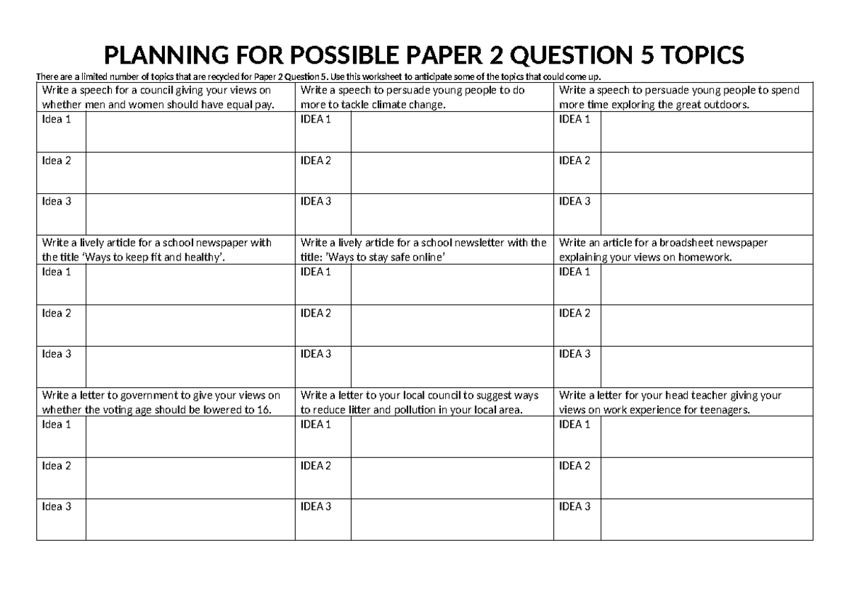 Planning FOR Possible Paper 2 Writing Topics - PLANNING FOR POSSIBLE ...