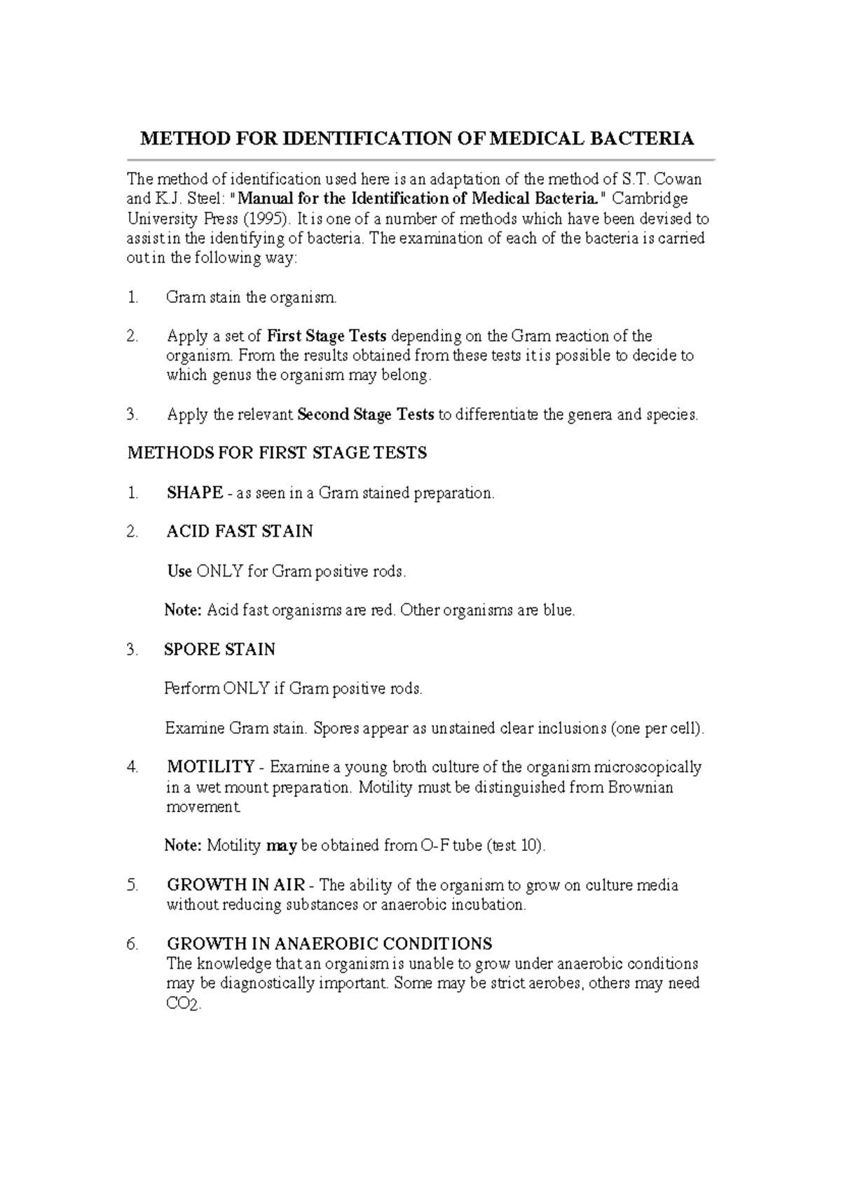 Cowan Steel tables - METHOD FOR IDENTIFICATION OF MEDICAL BACTERIA The ...