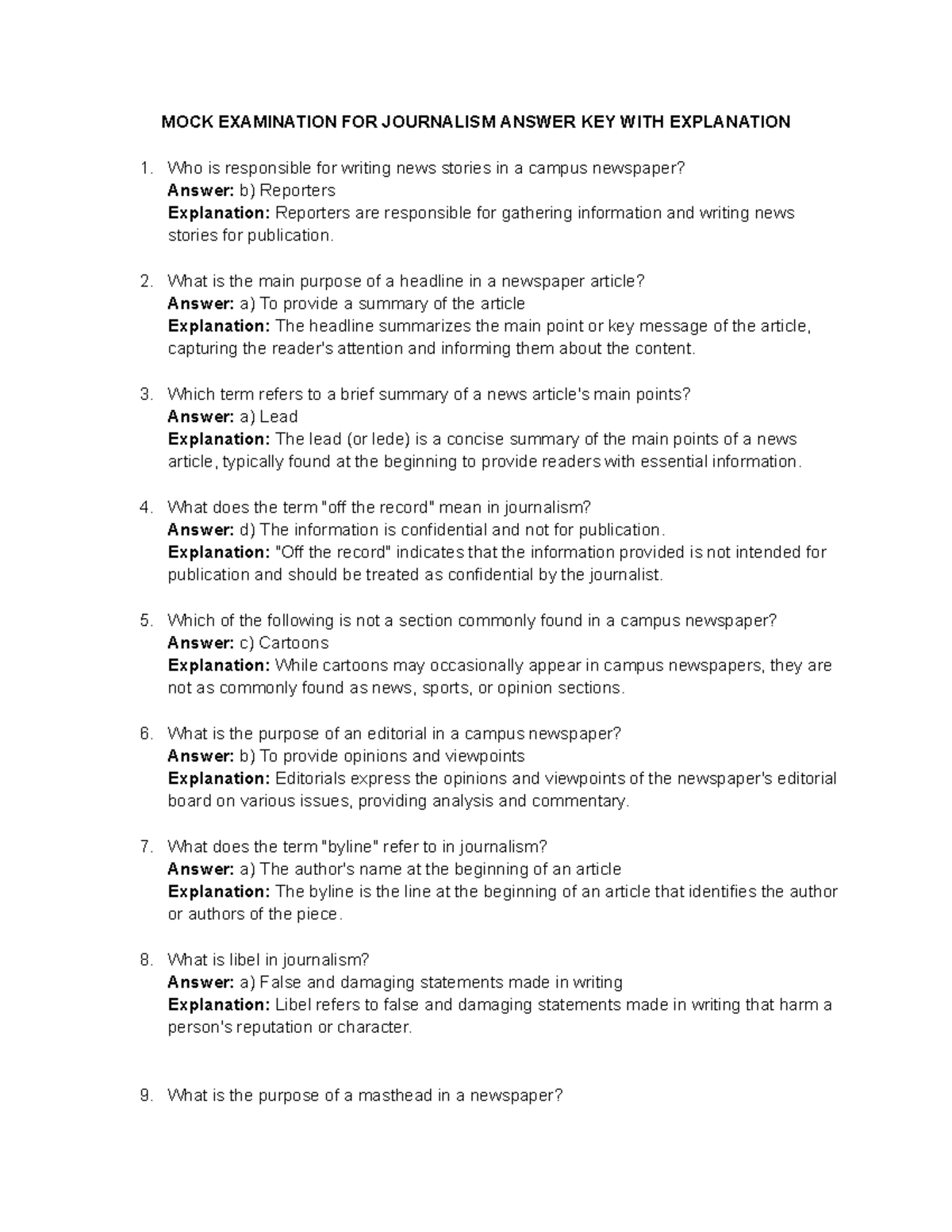 MOCK Examination Answer KEY WITH Explanation - MOCK EXAMINATION FOR ...